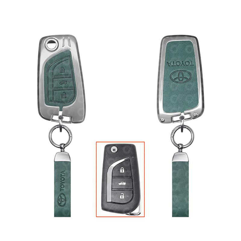Metal Real Leather Case For Toyota Remote Head Flip Key 3 Buttons Green