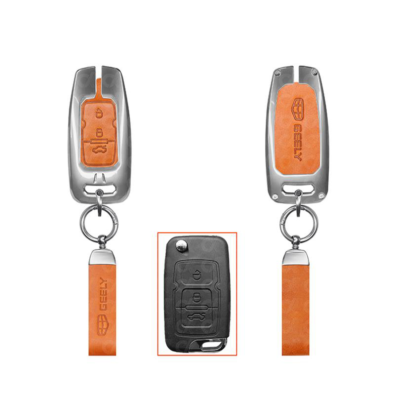 Metal Real Leather Case For Geely Remote Head Flip Key 3 Buttons Brown